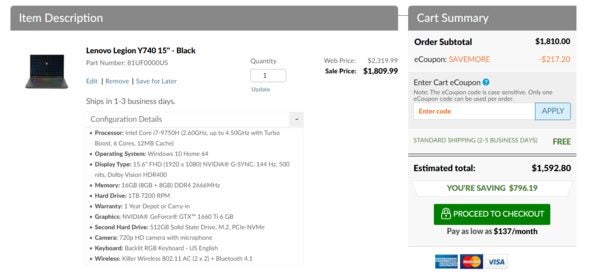 [Lenovo Canada] Lenovo EPP - Legion Y540 - RTX 2060 - 15" 1080p 144hz ...