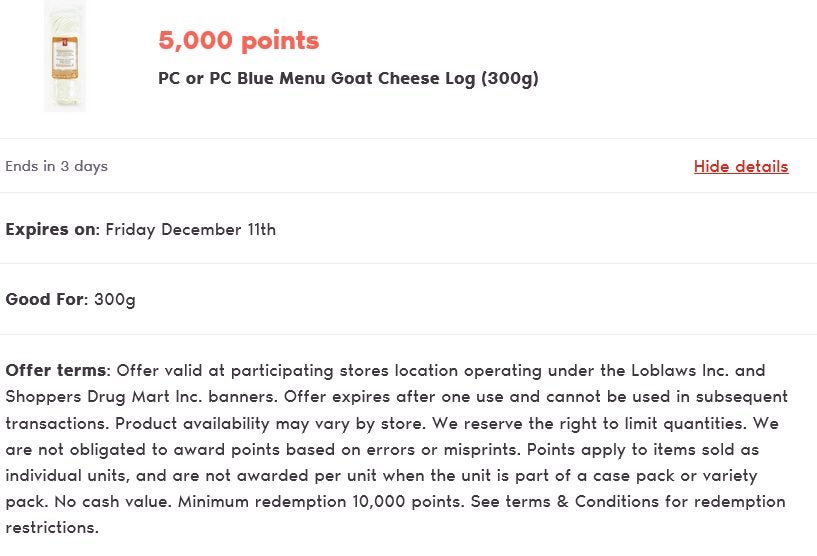 [Real Canadian Superstore] PC Goats Cheese 300g $6 get 5000 points back ...