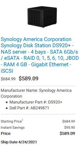 [Dell] Synology Disk Station DS920+. $684.99 - RedFlagDeals.com Forums