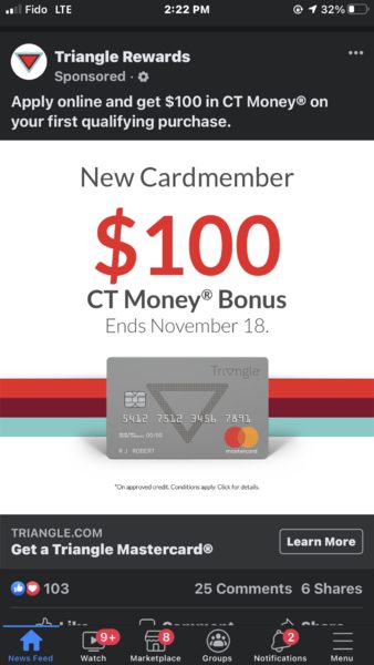 [Canadian Tire] Sign up Triangle MasterCard and get $100 CT $ ( Nov ...