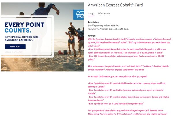 [American Express] (Perkopolis) Amex Cobalt signup bonus of 40k points (2,500pts with $500 spend ...