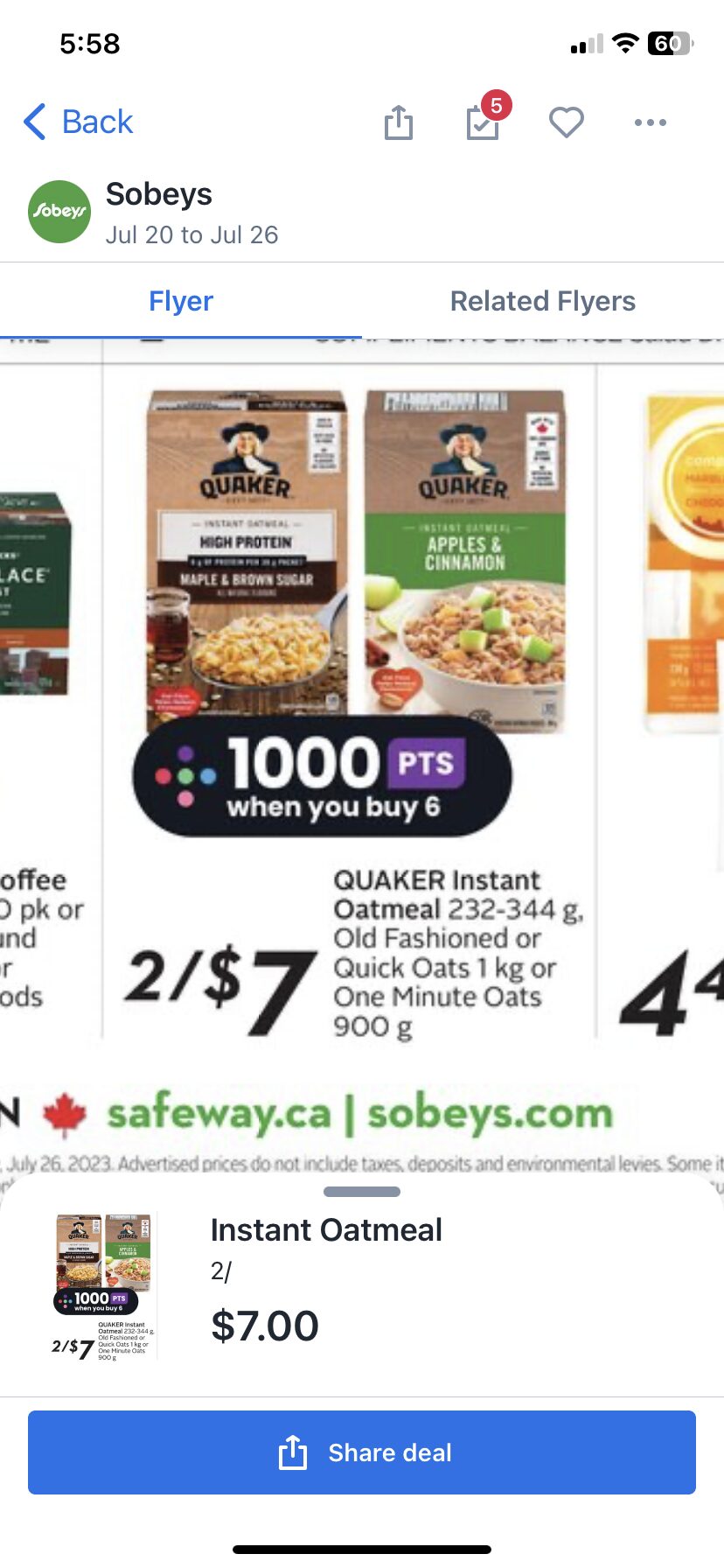 [Sobeys/Safeway -WEST] Quaker instant oatmeal $1.84/box - RedFlagDeals ...