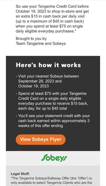 [Tangerine] YMMV Get up to $45 more cash back when you shop at Sobeys ...