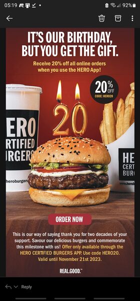 [Hero Burgers] Hero Burgers - 20% off all orders via the app. Until Nov ...
