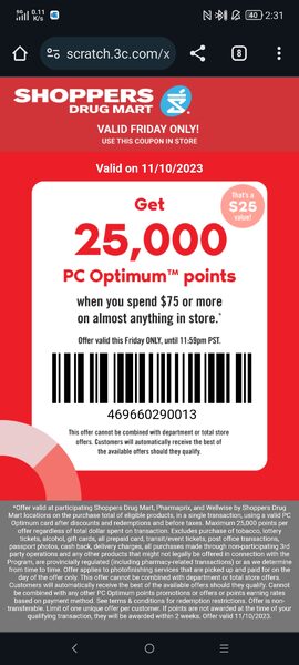 [Shoppers Drug Mart] Friday only in store - 25000 PCO points with $75 ...