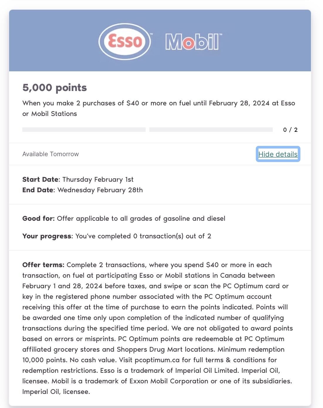 [PC Optimum] 5,000 points When you make 2 purchases of $40 or more on ...