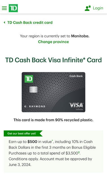 [TD Bank] TD Cash Back VI: get $350 (10% CB on $3500 Spend)+FYF+Extra ...