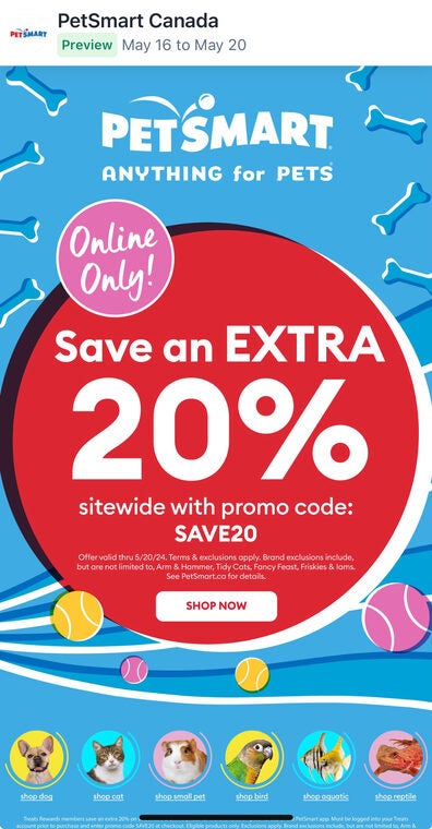 [PetSmart] Save 20% off Online Orders May 16-20 (+ Stack w/ 10% off ...