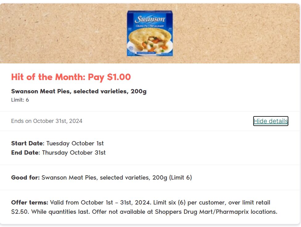 [No Frills] Swanson Meat Pie ($1) Select Varieties Limit 6 ...