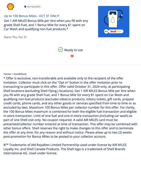 [Air Miles] [Shell] Get 1 Bonus Air Mile Per Litre and/or $1 Spent on ...