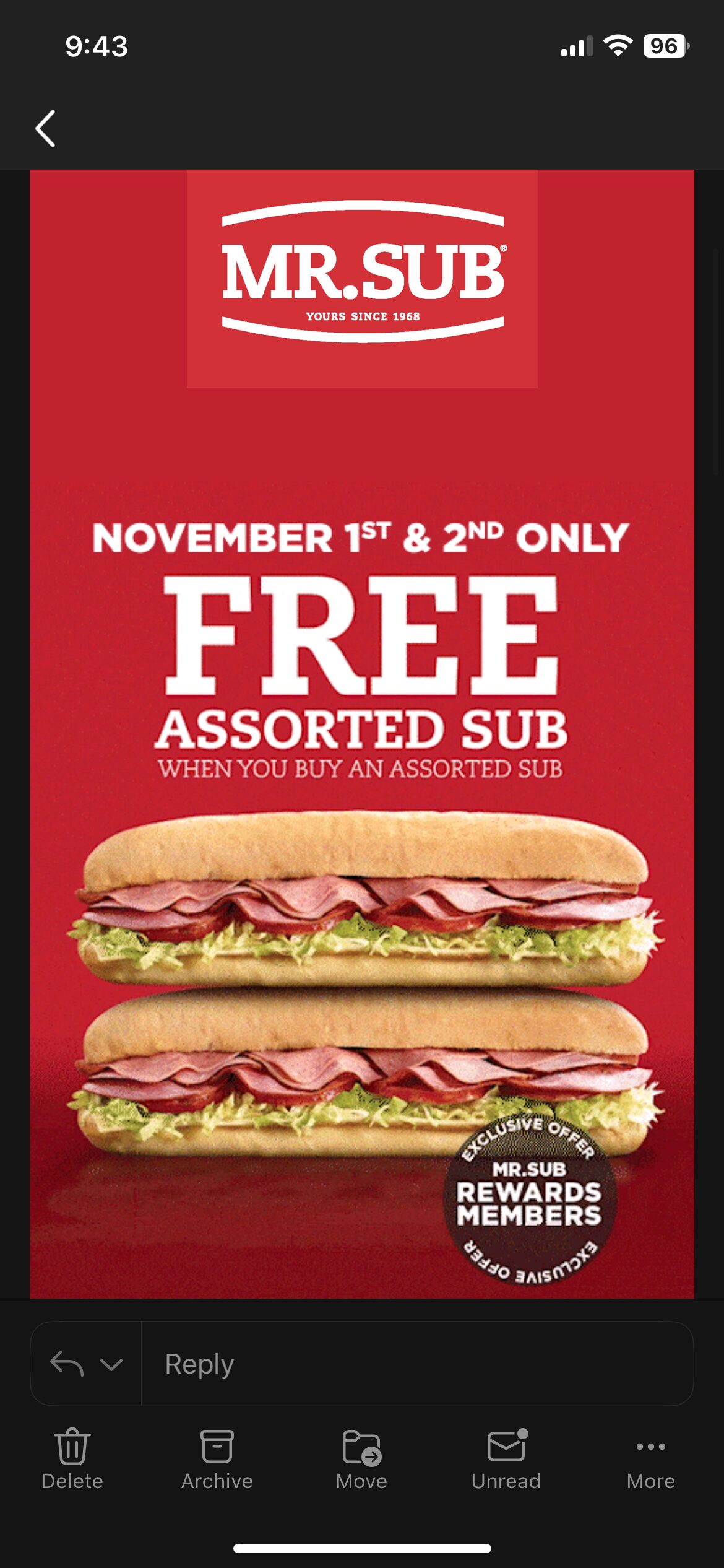 [Mr. Sub] Buy one Assorted Sub and second FREE - In app and online only (Nov. 1-2 ...