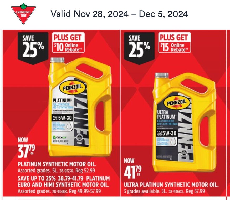 [Canadian Tire] [Black Friday] Pennzoil Platinum, Euro, High Mileage ...