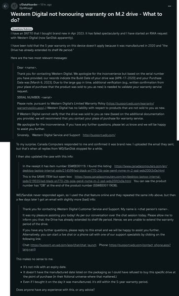 [from Reddit] Western Digital not honouring warranty on M.2 drive ...