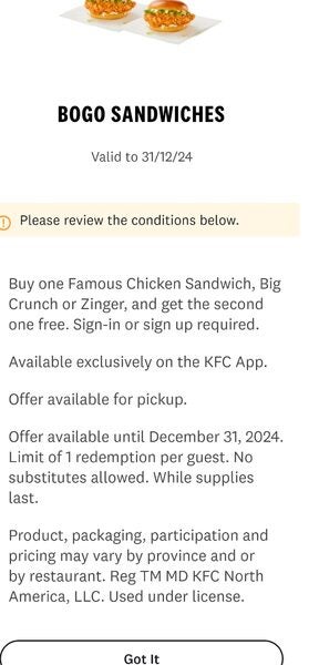 [KFC] BOGO Sandwich in the App - RedFlagDeals.com Forums