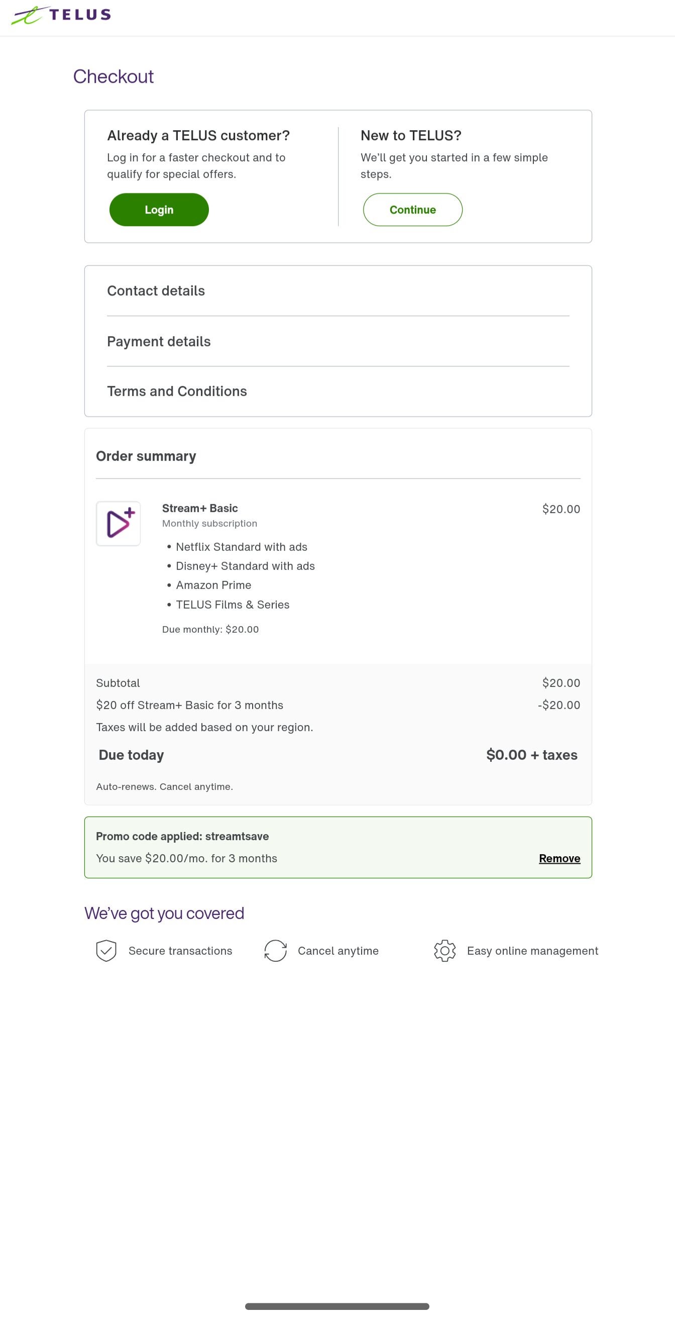 [Telus] Telus Stream+ Basic Free For 3 Months w/ Coupon code (Reg: $60 ...