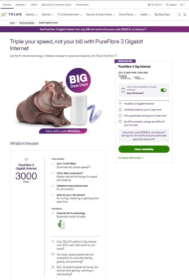 [Telus] Big Deal Days - PureFibre 3 Gigabit Internet from only $99 ...