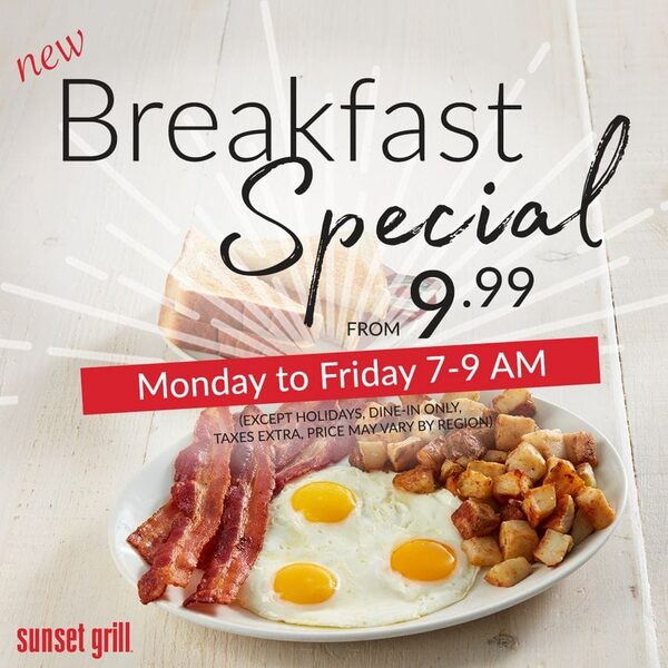 [Sunset Grill] [AB, ON, NB] Earlybird Breakfast Special $9.99 (dine-in ...