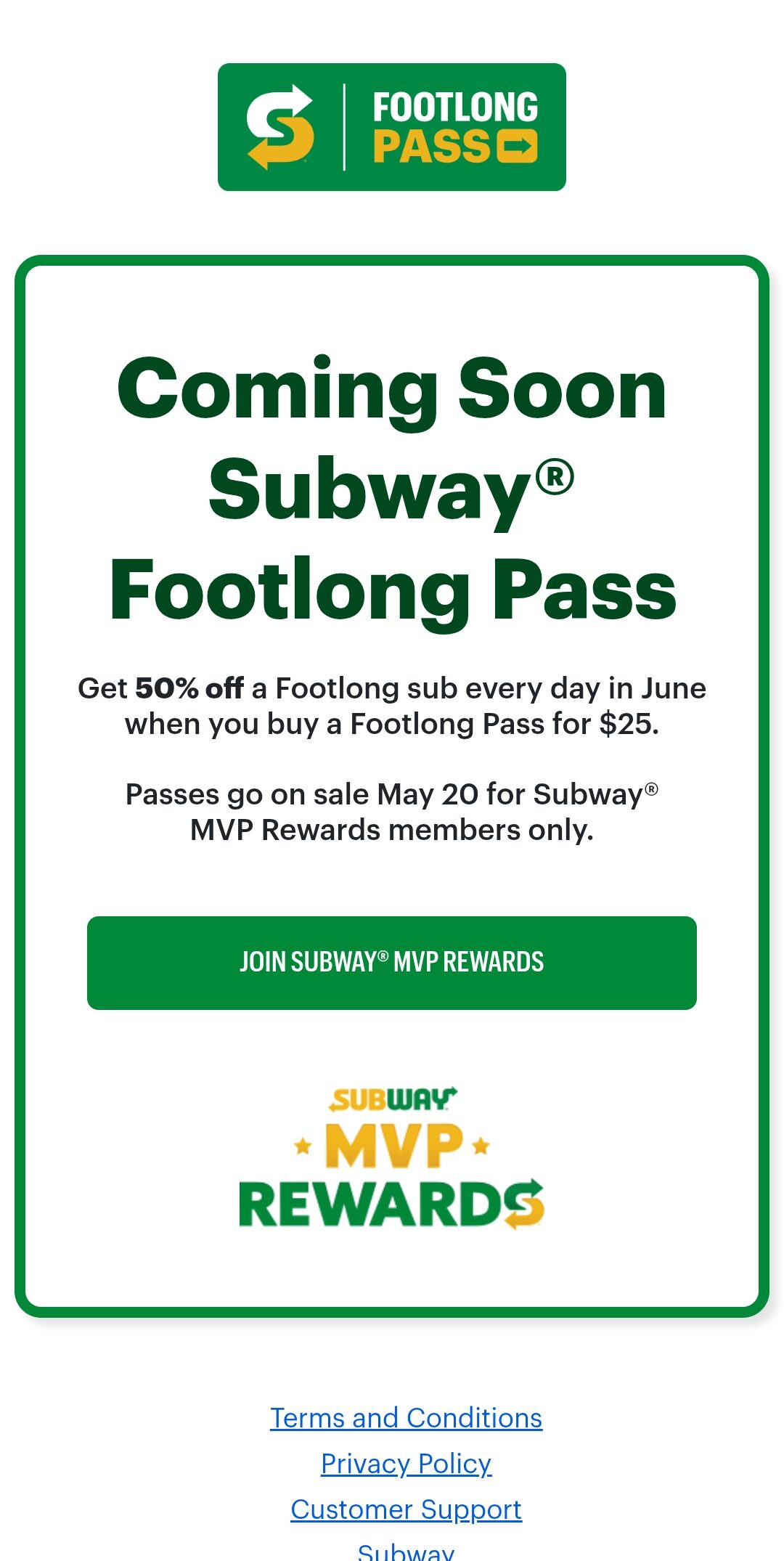 [Subway] 50% off Footlong Sub All June With Footlong Pass ($25 ...