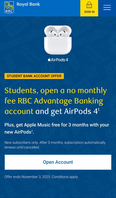 [Royal Bank] Free Airpods 4 with RBC Zero Fee Student Account ...