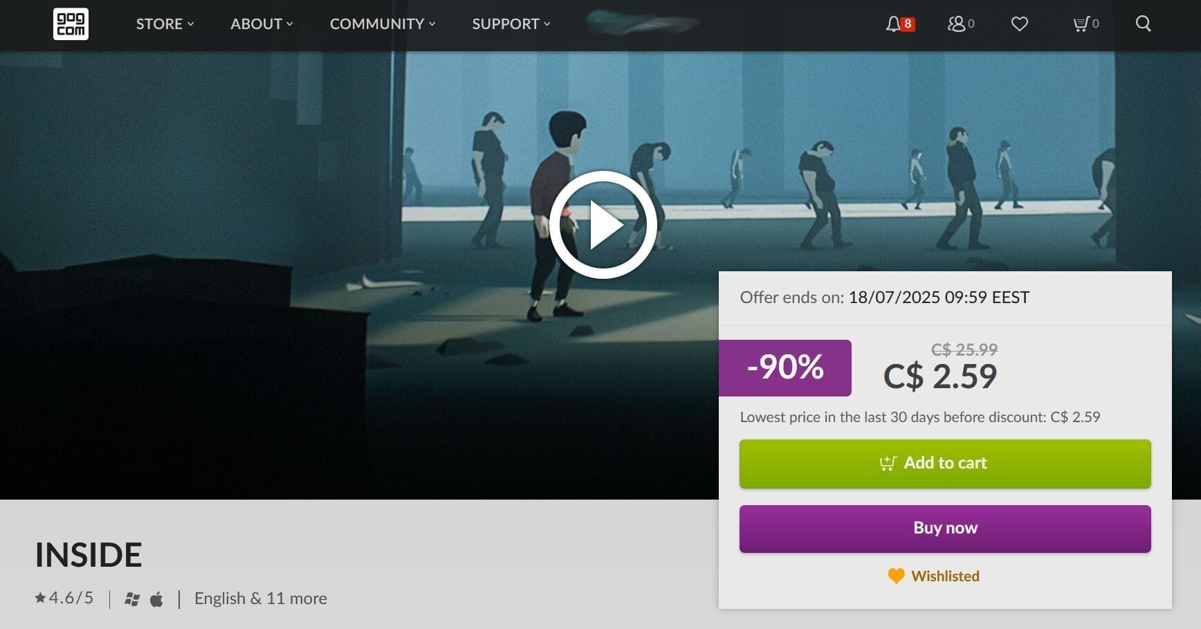 [GOG.com] (Windows, macOS) INSIDE (RRP $25.99) - $2.59 (90% discount ...