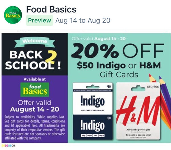 [Foodbasics] $50 Indigo or H&M gift cards for $40 (20% off) August 14 ...