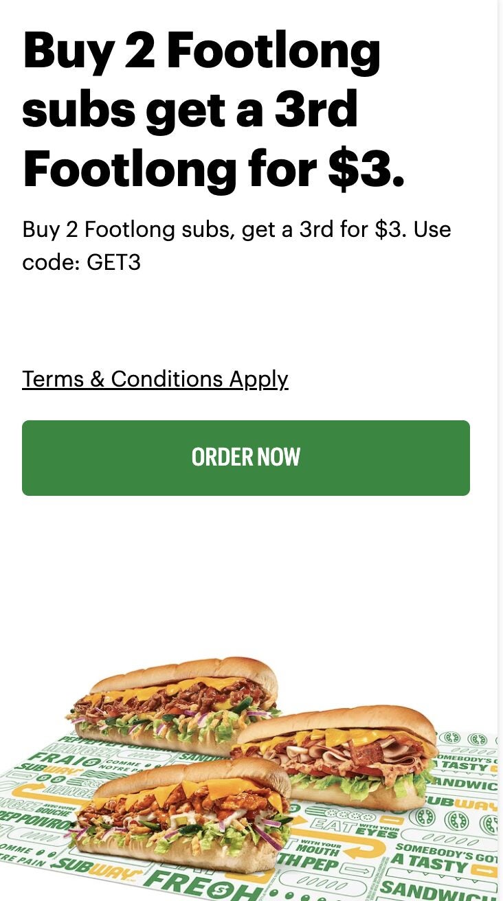 [Subway] Subway Coupon for August 2025 - Buy 2 Footlong Subs Get 3rd ...