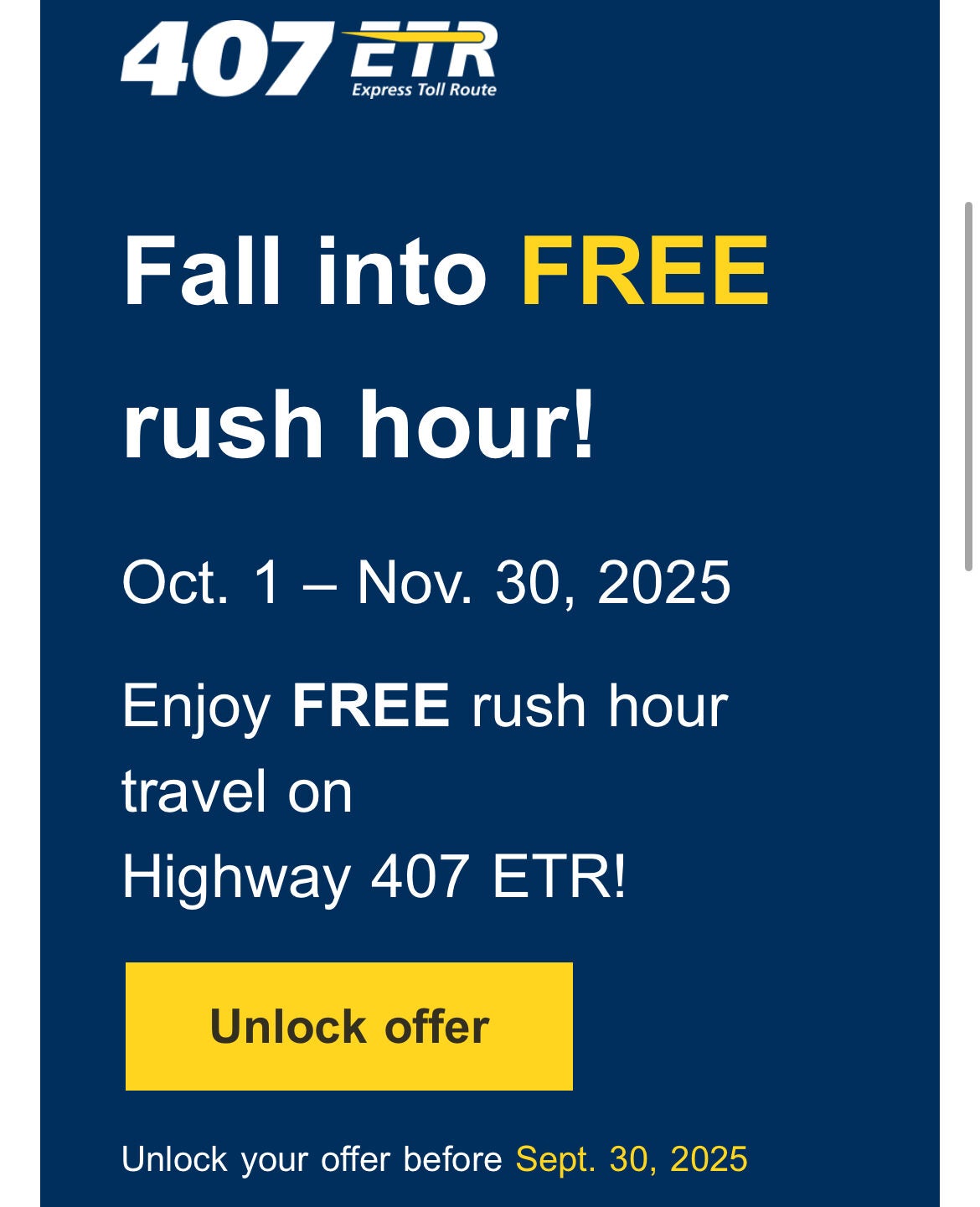 407 ETR : Free Rush Hour Oct 1st - November 30 (YMMV targeted ...