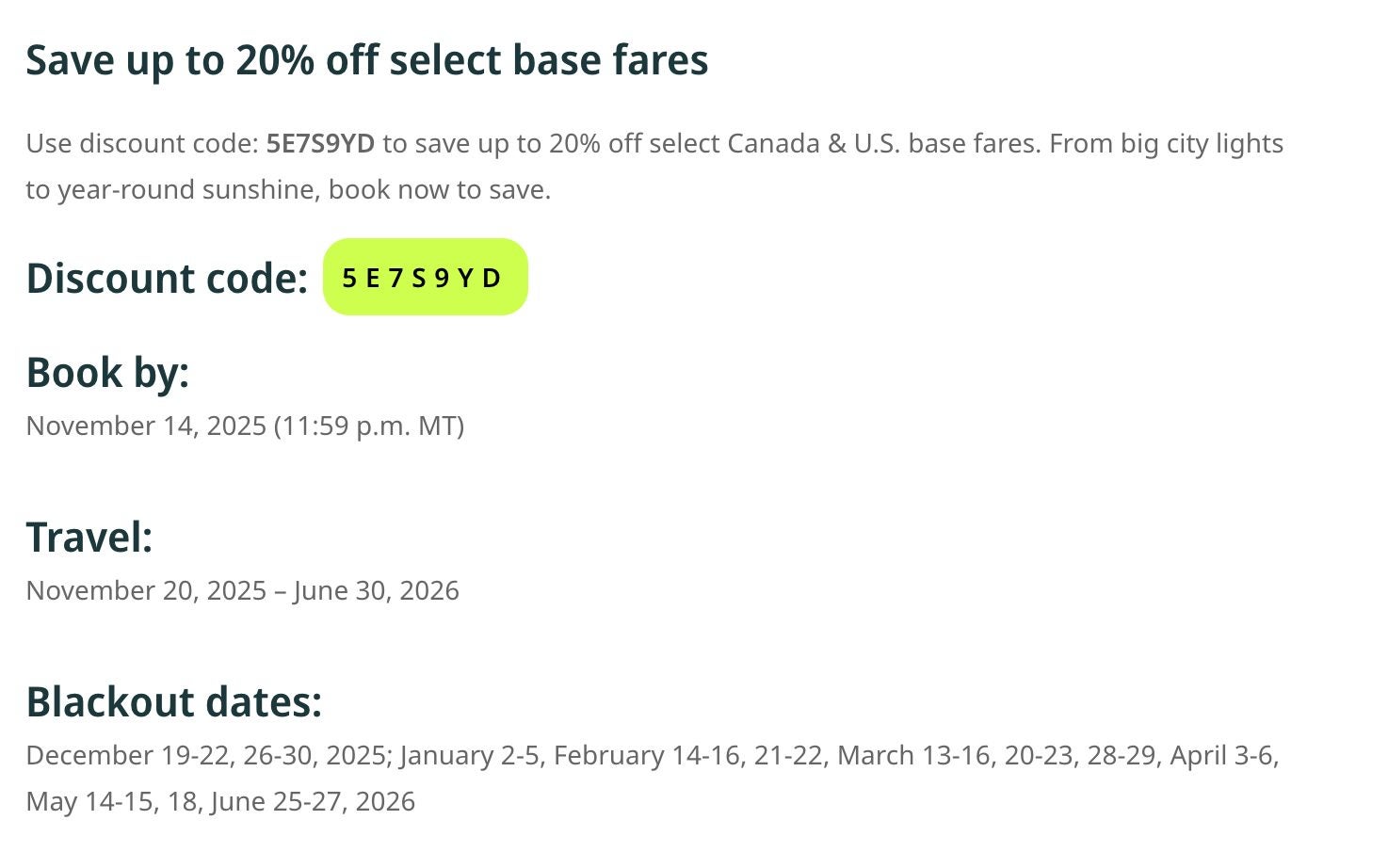 [WestJet] *2 Days Only* USA 20% off & Canada 15% off with Discount Code ...