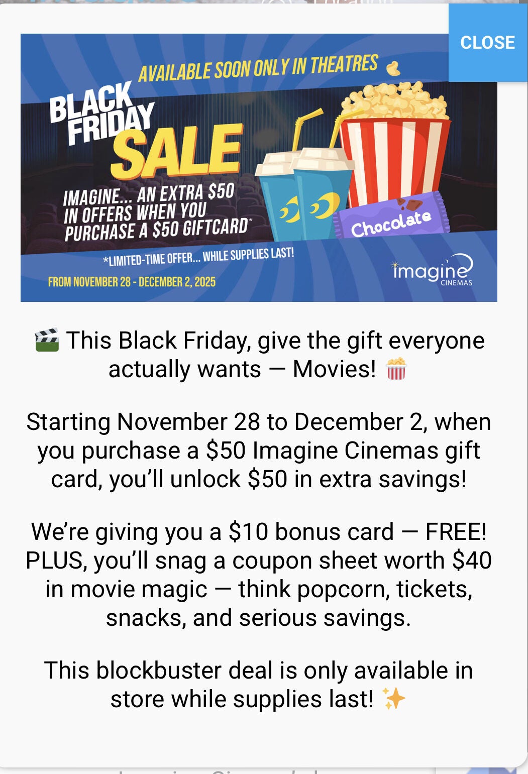 [Imagine Cinemas] ON $50 gift card+$10 bonus+box of Toffifee until year ...