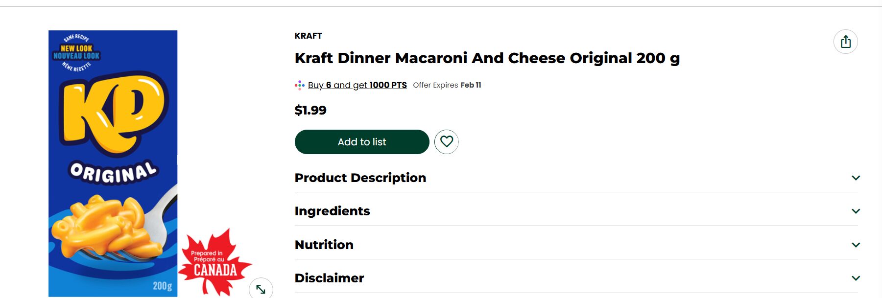 [Sobeys] Buy 6 boxes of Kraft Dinner Macaroni And Cheese Original 200 g ...