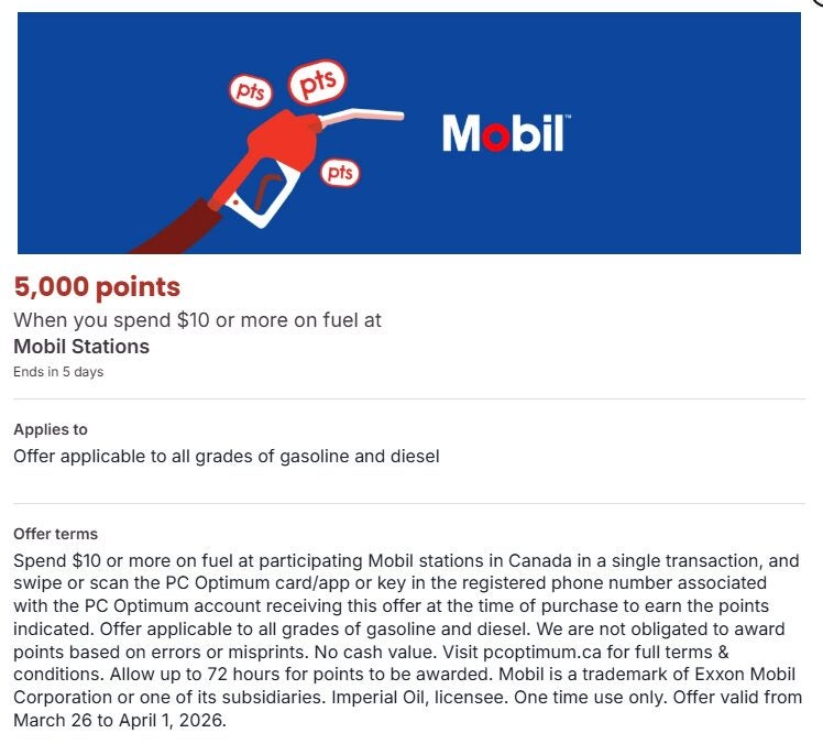 [PC Optimum] YMMV - Spend $10 on fuel at Mobil, get 5,000 PC Optimum ...