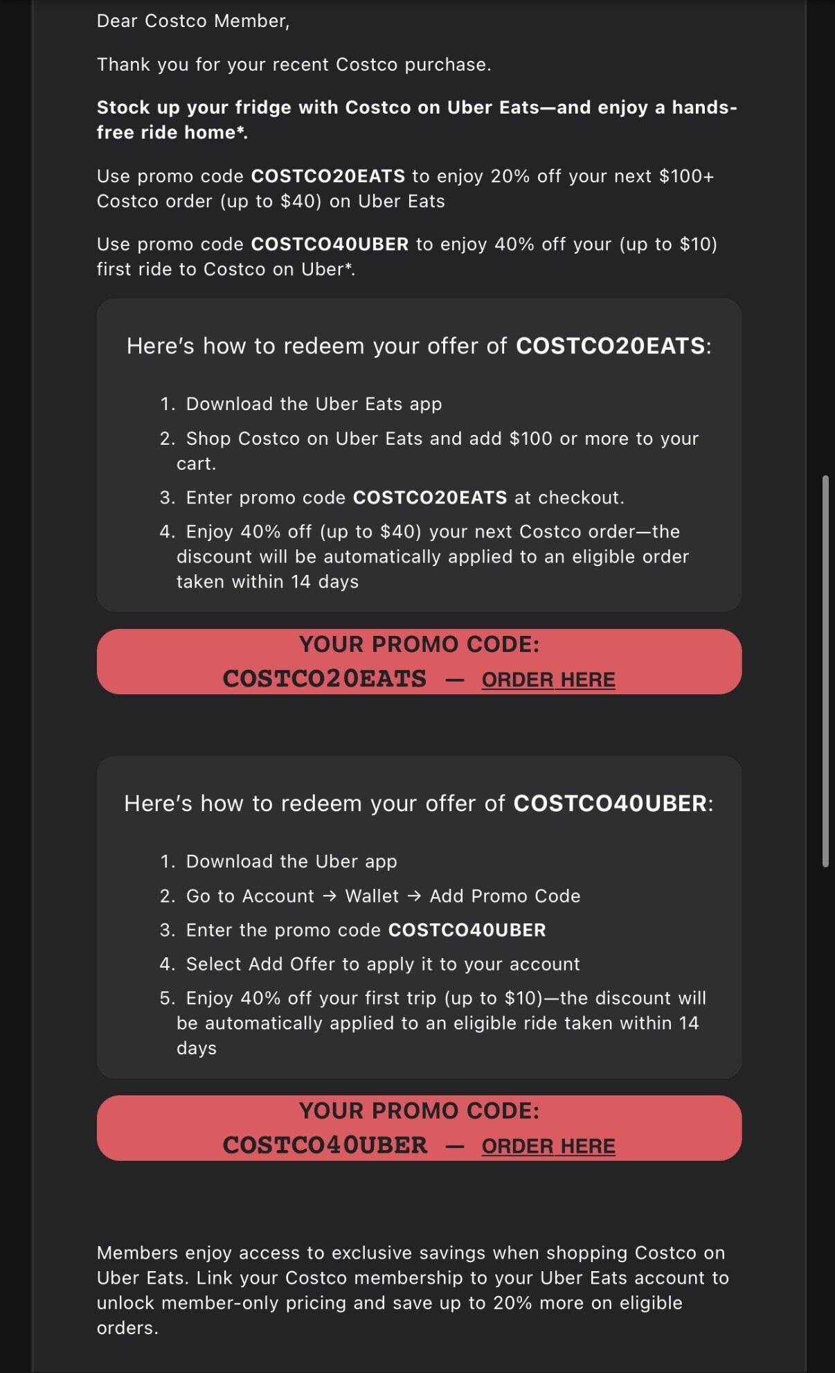[Uber Eats] Costco Uber Eats Promo Codes (Generic) 20% max $40-eats ...