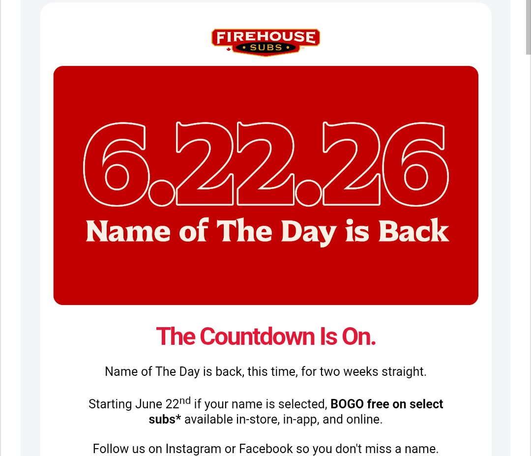 [Firehouse Subs] First Names containing "RO" BOGO select subs Wednesday ...